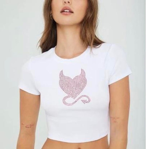 Garage | Tops | Bling Devil Heart Baby Tee White And Red Bedazzled Crop ...
